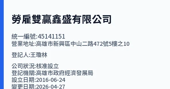 勞雇雙贏鑫盛有限公司的照片-統編 45141151(高雄市) 公司登記資料與營業項目詳細圖表