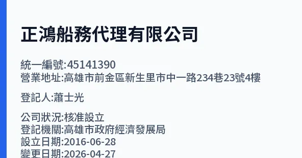 正鴻船務代理有限公司的照片-統編 45141390(高雄市) 公司登記資料與營業項目詳細圖表