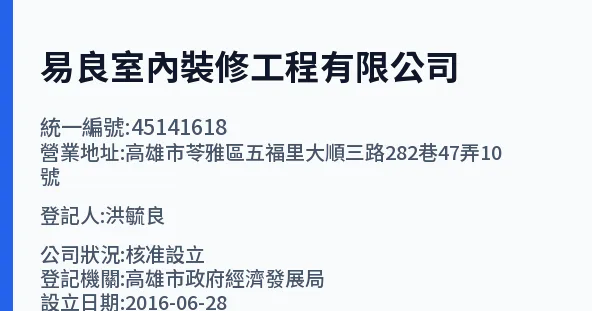 易良室內裝修工程有限公司的照片-統編 45141618(高雄市) 公司登記資料與營業項目詳細圖表