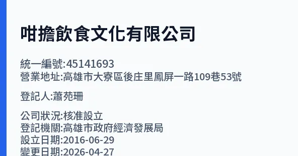 咁擔飲食文化有限公司的照片-統編 45141693(高雄市) 公司登記資料與營業項目詳細圖表