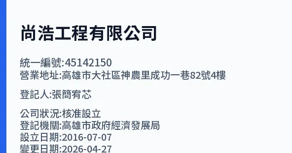 尚浩工程有限公司的照片-統編 45142150(高雄市) 公司登記資料與營業項目詳細圖表