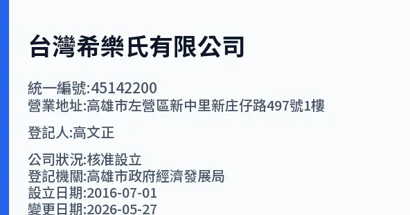 台灣希樂氏有限公司的照片-統編 45142200(高雄市) 公司登記資料與營業項目詳細圖表