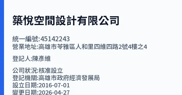 築悅空間設計有限公司的照片-統編 45142243(高雄市) 公司登記資料與營業項目詳細圖表