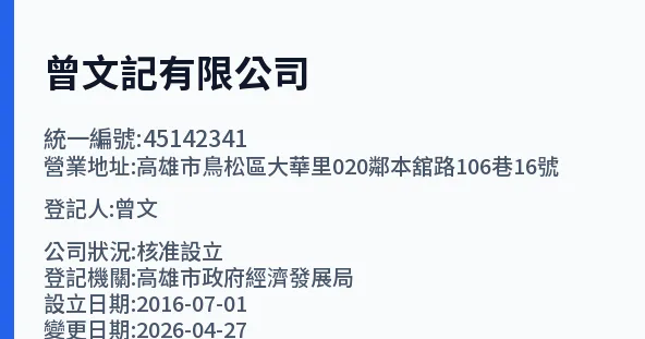 曾文記有限公司的照片-統編 45142341(高雄市) 公司登記資料與營業項目詳細圖表