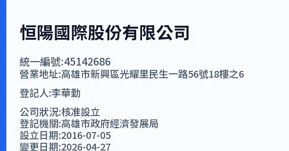 恒陽國際股份有限公司的照片-統編 45142686(高雄市) 公司登記資料與營業項目詳細圖表