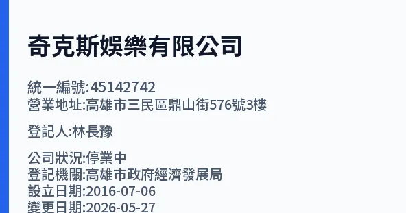 奇克斯娛樂有限公司的照片-統編 45142742(高雄市) 公司登記資料與營業項目詳細圖表