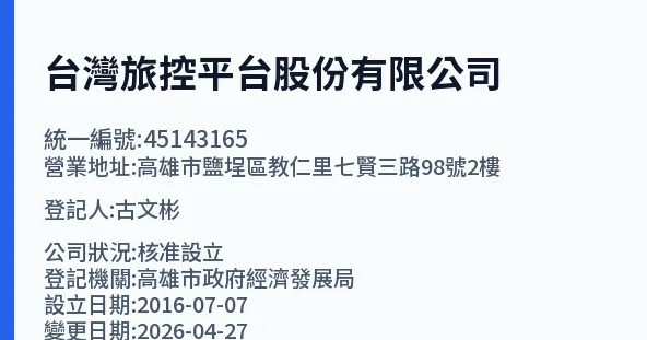台灣旅控平台股份有限公司的照片-統編 45143165(高雄市) 公司登記資料與營業項目詳細圖表