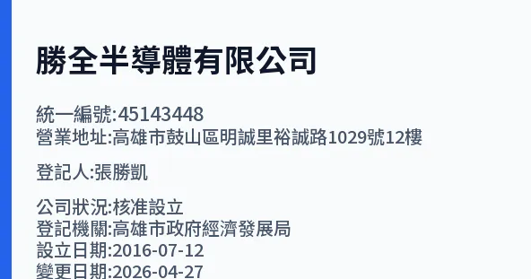 勝全半導體有限公司的照片-統編 45143448(高雄市) 公司登記資料與營業項目詳細圖表