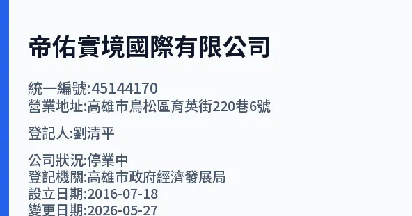 帝佑實境國際有限公司的照片-統編 45144170(高雄市) 公司登記資料與營業項目詳細圖表
