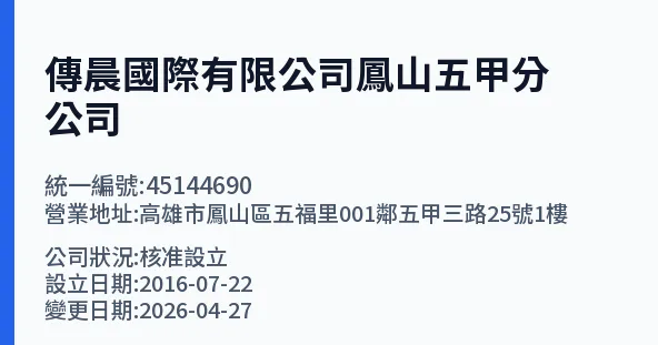 傳晨國際有限公司鳳山五甲分公司的照片-統編 45144690(高雄市) 公司登記資料與營業項目詳細圖表