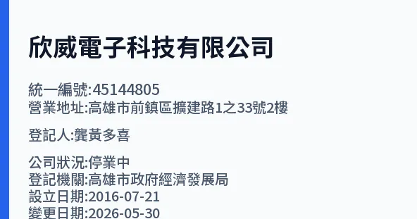 欣威電子科技有限公司的照片-統編 45144805(高雄市) 公司登記資料與營業項目詳細圖表