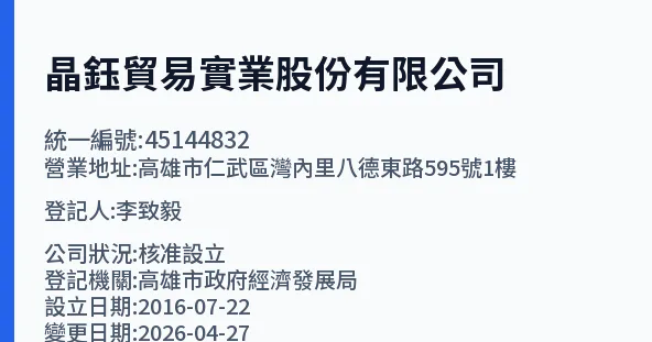 晶鈺貿易實業股份有限公司的照片-統編 45144832(高雄市) 公司登記資料與營業項目詳細圖表