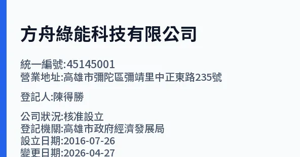 方舟綠能科技有限公司的照片-統編 45145001(高雄市) 公司登記資料與營業項目詳細圖表