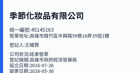 季節化妝品有限公司的照片-統編 45145163(高雄市) 公司登記資料與營業項目詳細圖表