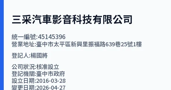 三采汽車影音科技有限公司的照片-統編 45145396(臺中市) 公司登記資料與營業項目詳細圖表