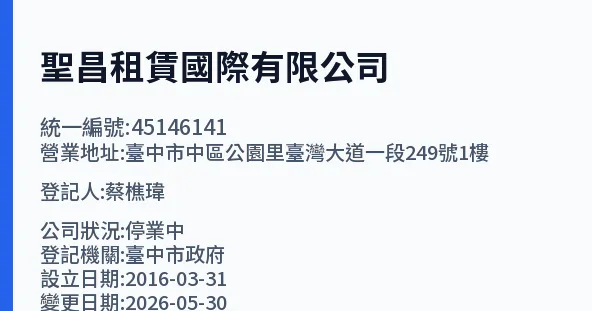 聖昌租賃國際有限公司的照片-統編 45146141(臺中市) 公司登記資料與營業項目詳細圖表