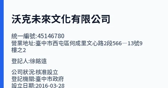 沃克未來文化有限公司的照片-統編 45146780(臺中市) 公司登記資料與營業項目詳細圖表