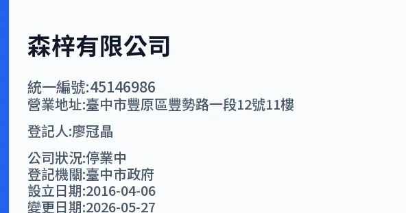 森梓有限公司的照片-統編 45146986(臺中市) 公司登記資料與營業項目詳細圖表