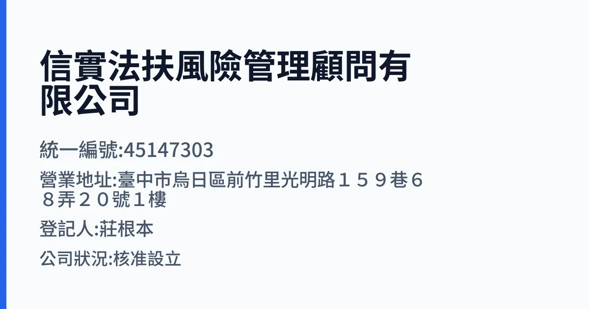 信實法扶風險管理顧問有限公司 - 統編 45147303(臺中市) 公司登記資料與營業項目詳細圖表