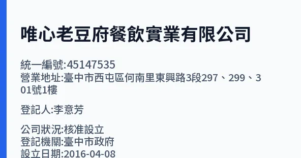 唯心老豆府餐飲實業有限公司的照片-統編 45147535(臺中市) 公司登記資料與營業項目詳細圖表