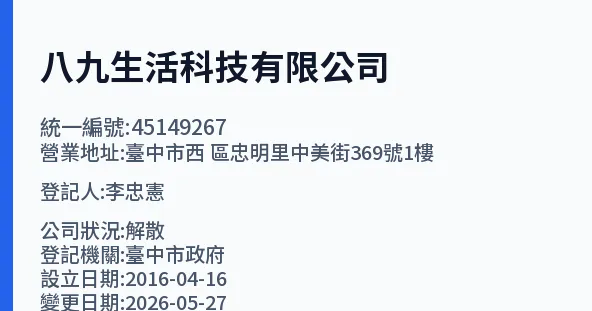 八九生活科技有限公司的照片-統編 45149267(臺中市) 公司登記資料與營業項目詳細圖表