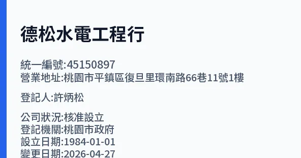 德松水電工程行的照片-統編 45150897(桃園市) 公司登記資料與營業項目詳細圖表
