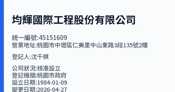均輝國際工程股份有限公司的照片-統編 45151609(桃園市) 公司登記資料與營業項目詳細圖表