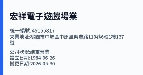宏祥電子遊戲場業的照片-統編 45155817(桃園市) 公司登記資料與營業項目詳細圖表