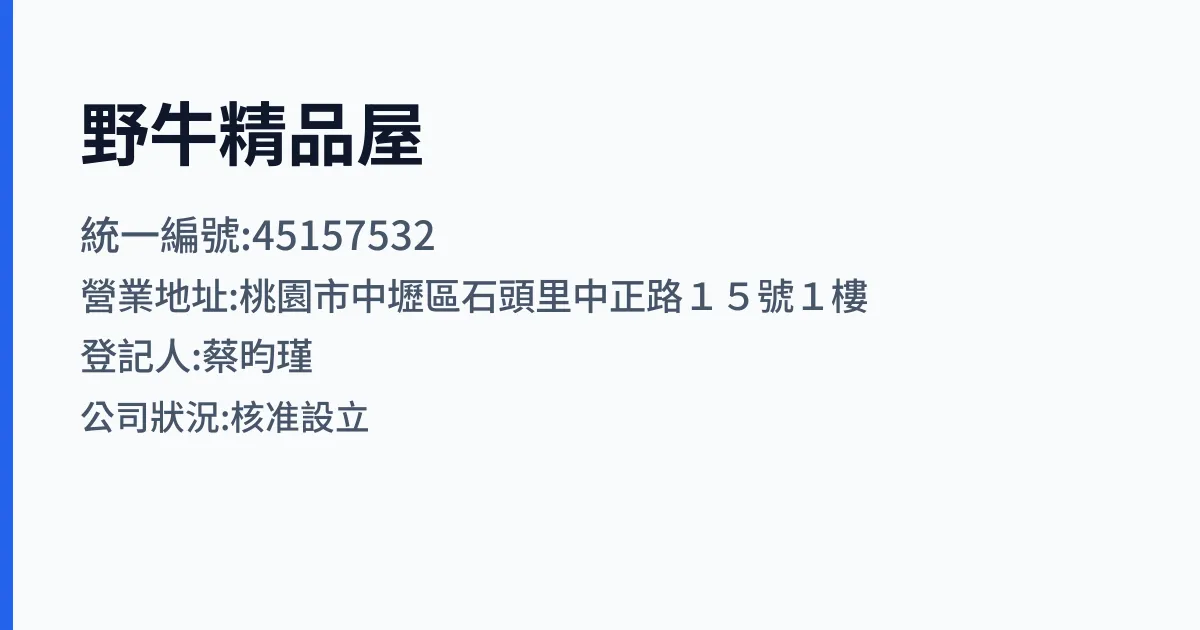 野牛精品屋 - 統編 45157532(桃園市) 公司登記資料與營業項目詳細圖表