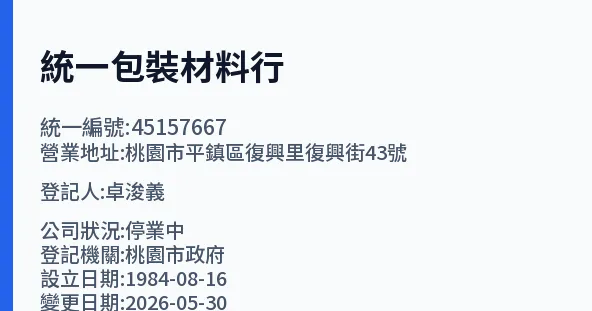統一包裝材料行的照片-統編 45157667(桃園市) 公司登記資料與營業項目詳細圖表