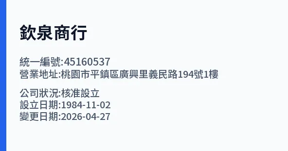 欽泉商行的照片-統編 45160537(桃園市) 公司登記資料與營業項目詳細圖表