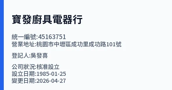 寶發廚具電器行的照片-統編 45163751(桃園市) 公司登記資料與營業項目詳細圖表