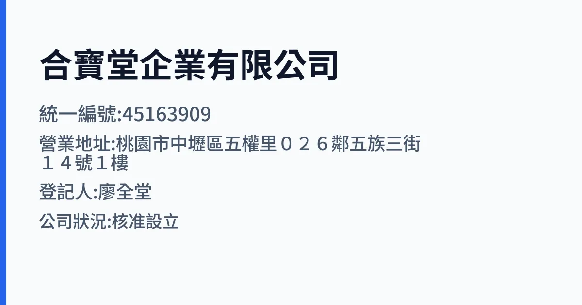 合寶堂企業有限公司 - 統編 45163909(桃園市) 公司登記資料與營業項目詳細圖表