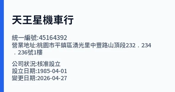 天王星機車行的照片-統編 45164392(桃園市) 公司登記資料與營業項目詳細圖表