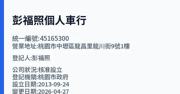 彭福照個人車行的照片-統編 45165300(桃園市) 公司登記資料與營業項目詳細圖表