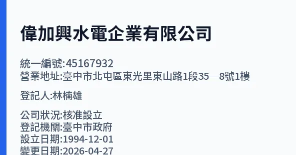 偉加興水電企業有限公司的照片-統編 45167932(臺中市) 公司登記資料與營業項目詳細圖表