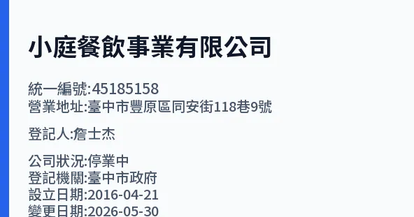 小庭餐飲事業有限公司的照片-統編 45185158(臺中市) 公司登記資料與營業項目詳細圖表