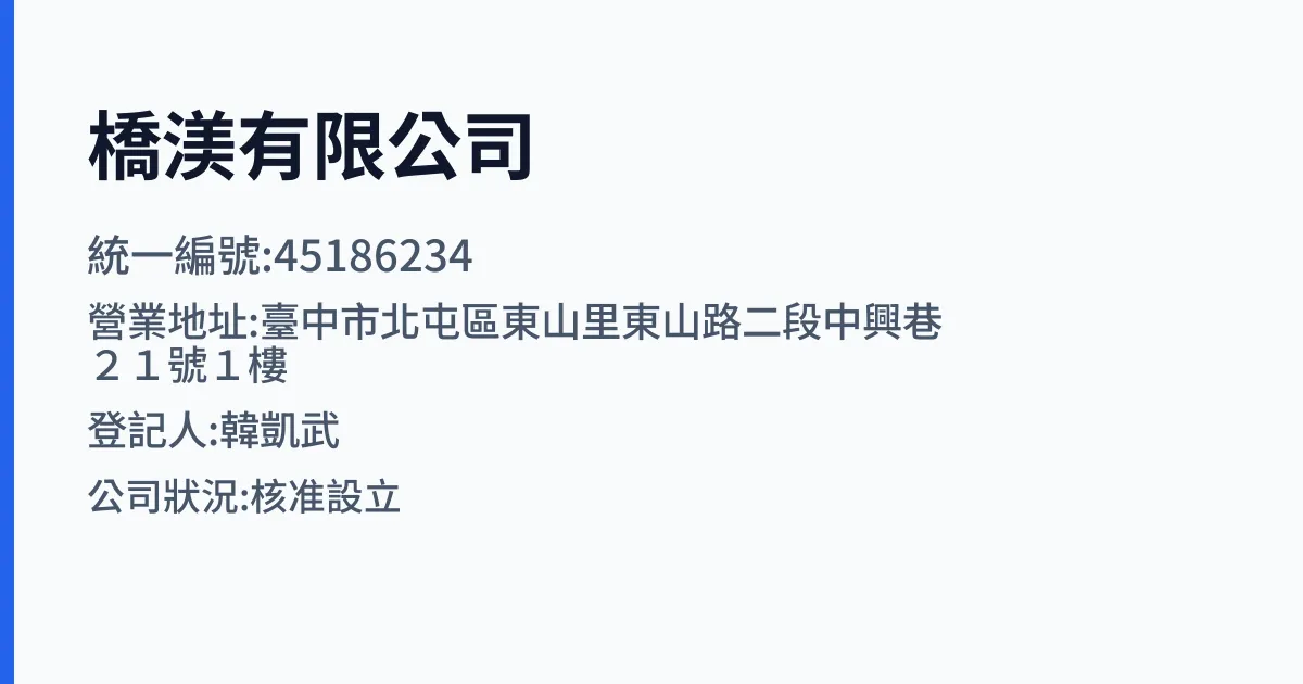 橋渼有限公司 - 統編 45186234(臺中市) 公司登記資料與營業項目詳細圖表
