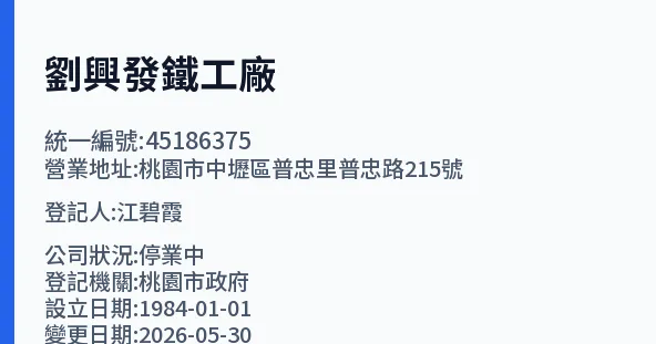 劉興發鐵工廠的照片-統編 45186375(桃園市) 公司登記資料與營業項目詳細圖表