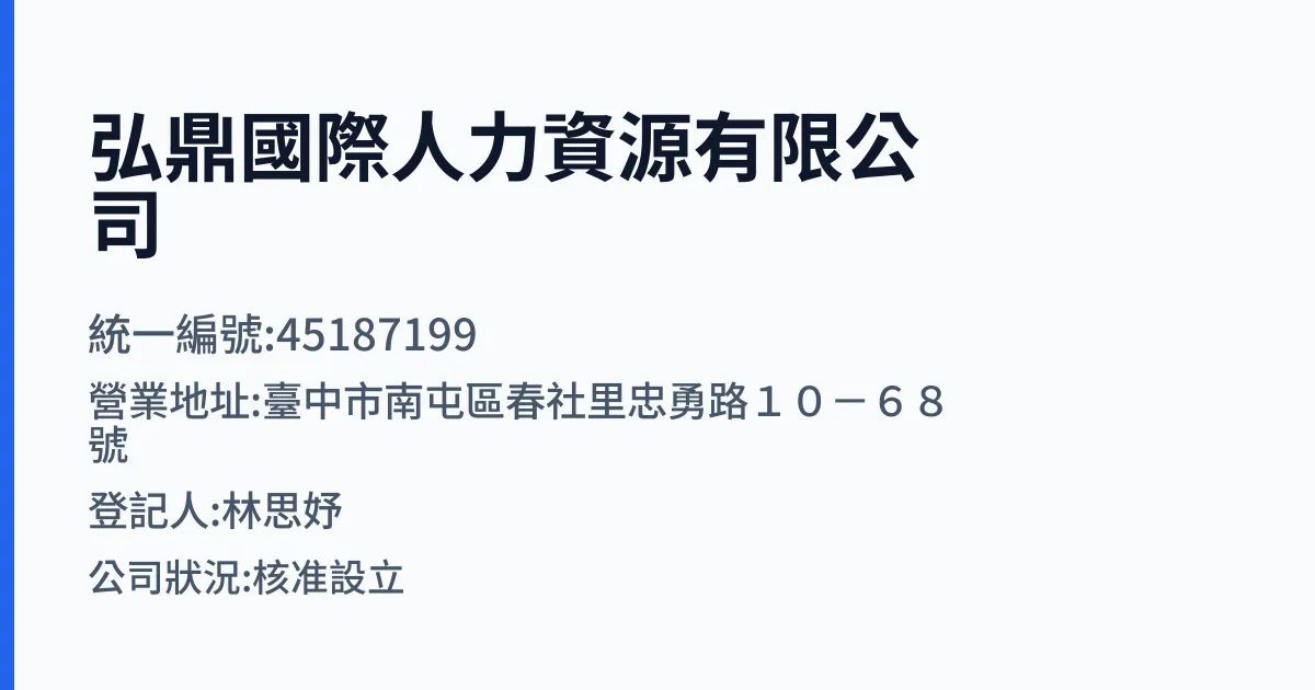 弘鼎國際人力資源有限公司 - 統編 45187199(臺中市) 公司登記資料與營業項目詳細圖表