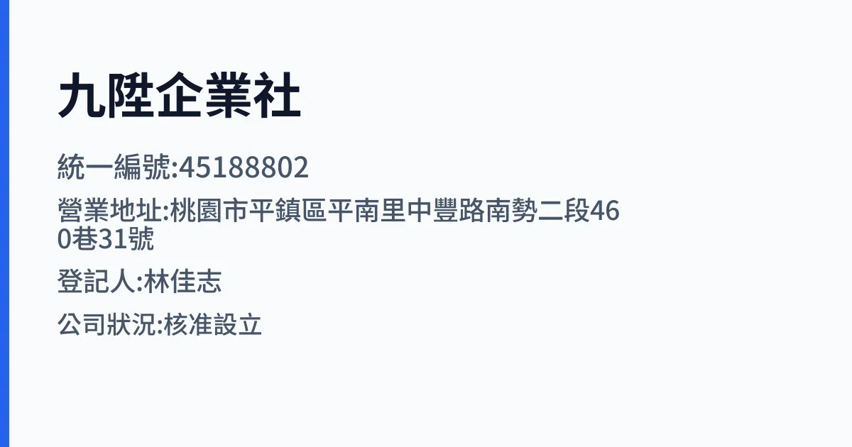 九陞企業社 - 統編 45188802(桃園市) 公司登記資料與營業項目詳細圖表
