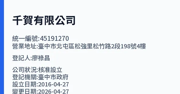 千賀有限公司的照片-統編 45191270(臺中市) 公司登記資料與營業項目詳細圖表