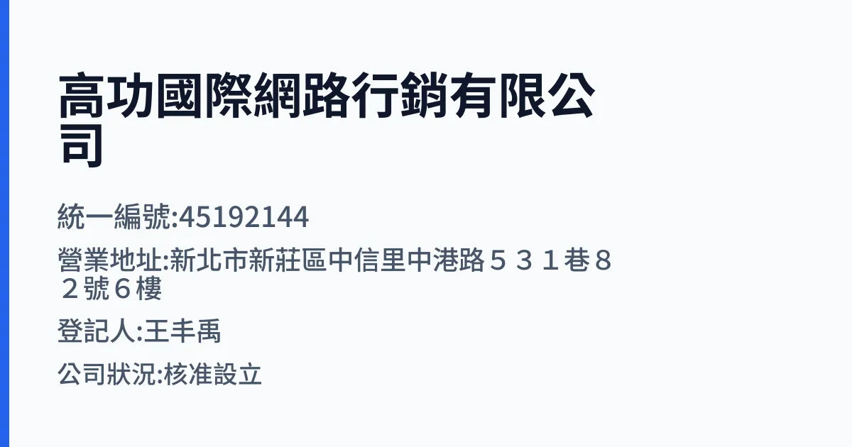 高功國際網路行銷有限公司 - 統編 45192144(新北市) 公司登記資料與營業項目詳細圖表