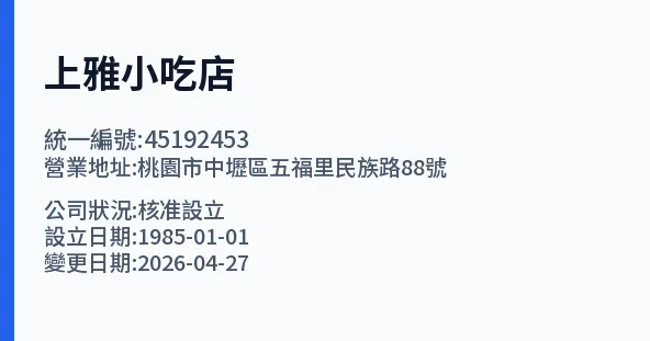 上雅小吃店的照片-統編 45192453(桃園市) 公司登記資料與營業項目詳細圖表