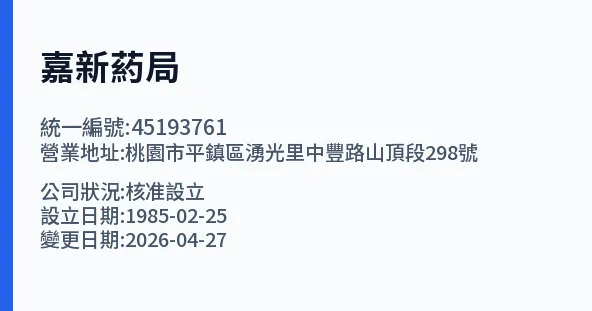 嘉新葯局的照片-統編 45193761(桃園市) 公司登記資料與營業項目詳細圖表