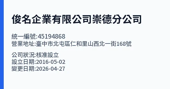 俊名企業有限公司崇德分公司的照片-統編 45194868(臺中市) 公司登記資料與營業項目詳細圖表