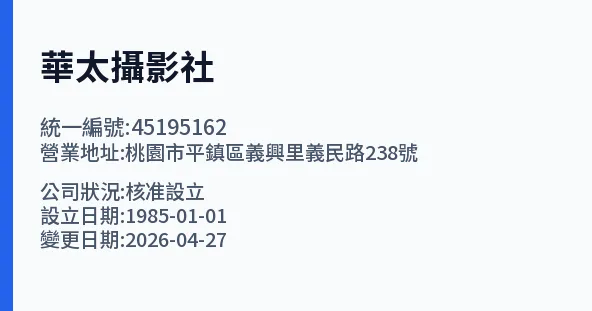 華太攝影社的照片-統編 45195162(桃園市) 公司登記資料與營業項目詳細圖表