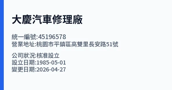 大慶汽車修理廠的照片-統編 45196578(桃園市) 公司登記資料與營業項目詳細圖表