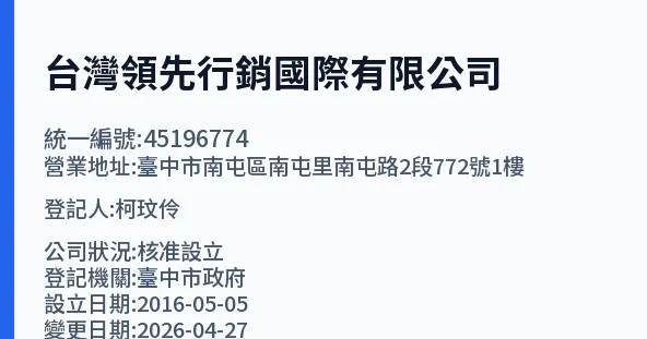 台灣領先行銷國際有限公司的照片-統編 45196774(臺中市) 公司登記資料與營業項目詳細圖表