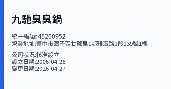 九馳臭臭鍋的照片-統編 45200952(臺中市) 公司登記資料與營業項目詳細圖表